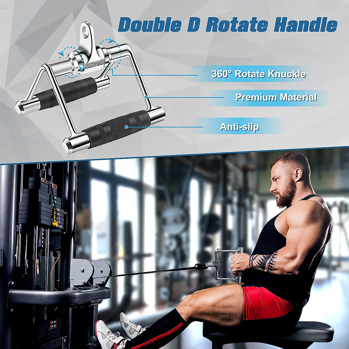 DISPANK Cable Machine Attachments Pull Down Attachments Set, LAT Pull Down Accessaries, Tricep Rope, V-Shaped Bar, Rotating Straight Bar and Double D Row Handle Rotating