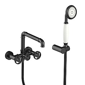 LUNEZY Black Tub Faucet Wall Mounted, Bathroom Tub Filler with Hand Held Shower Sprayer, Double Handle Bathtub Faucet Set, Industrial Style Bath Shower Mixer Tap