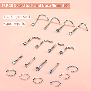 18PCS L Shaped Nose Studs, Surgical Steel Nose Piercing Jewelry, Nose Screw Pack, Endless Hoop Nose Rings for Women and Men, Body Jewelry Set with 6mm 8mm 10mm Hoops