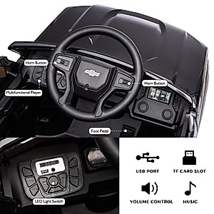 Bopilon 12V Electric Car for Kids,Licensed Chevy Silverado Truck Kids Ride On Car with Remote Control Battery Powered Electric Vehicle Toy Car, 4-Wheeler Suspension, Music& Lights, 3 Speeds(Black)