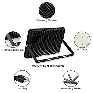 Royana 30W LED Flood Light Outdoor with Plug, IP65 Waterproof LED Work Lights, 6000K 3000LM Super Bright Security Light, Portable Daylight White Floodlight Spotlight for Yard Garden Court Lawn