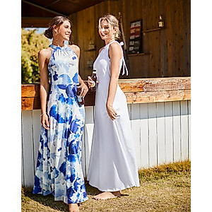 STYLEWORD Womens Summer Maxi Dresses Halter Formal Wedding Guest Cocktail Tea Party Long Spring Dresses 2025 Trendy(Blue Floral,L)