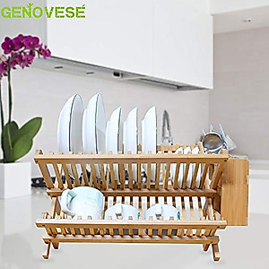 GENOVESE Bamboo Dish Drying Rack with Utensil Flatware Holder, 2-Tier Folding and Compact Drainer Kitchen(1 Utensil Holder) 18 Slots