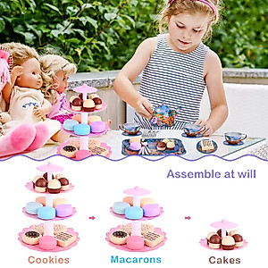SIVEIS Tea Party Set for Little Girls Boys, 36pcs Kids Tea Toy Set for 3-8 Years Old Afternoon Tea Time, Include Blue Forest Animal Party Pattern Tin Teapot & Cup with Spoon, Dessert Tower,Play Food