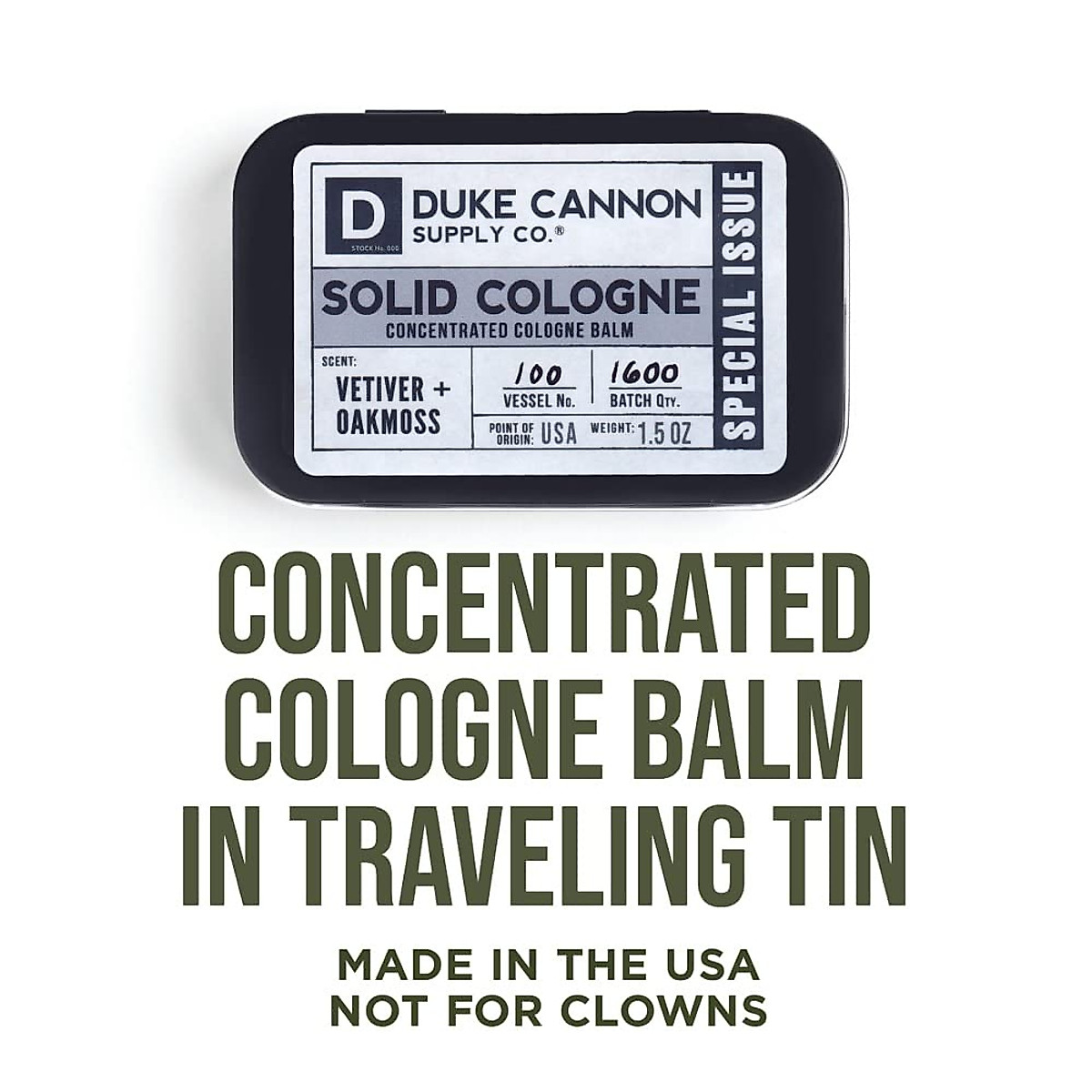 Duke Cannon Supply Co. Solid Cologne for Men Special Issue Vetiver and Oakmoss (Fresh Air, Sandalwood) - Concentrated Balm, Travel-Friendly Tin, 1.5 oz