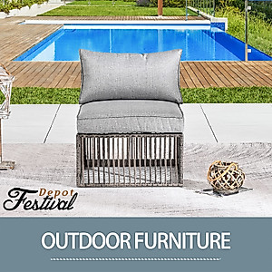 Festival Depot Wicker Patio Single Sofa, Outdoor Armless Chair, All-Weather Brown PE Rattan Couch Chair Waterproof Sectional Furniture for Balcony Garden Pool Lawn Backyard, Grey Thick Cushion