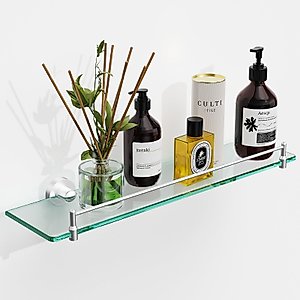 KOCOK Glass Shelves for Bathroom,20-Inches Brushed Nickel Floating Glass Shelves Stainless Steel Tempered Glass Bathroom Shelves for Wall Mount Modern Accessories