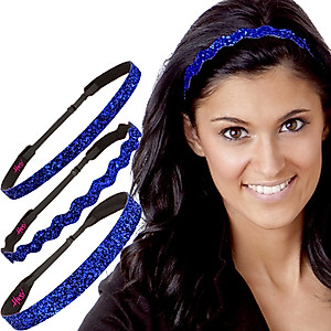 Hipsy Women's Adjustable Non Slip Skinny Wave & Wide Bling Glitter Headband Mixed 3-pack (Mixed Royal Blue)
