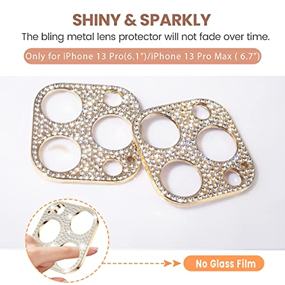 Goton 2 Pack Bling Camera Lens Protector Compatible with iPhone 13 Pro Max & 13 Pro - Glitter Diamond Metal Lens Protective-decoration Cover Accessories, Gold+Gold