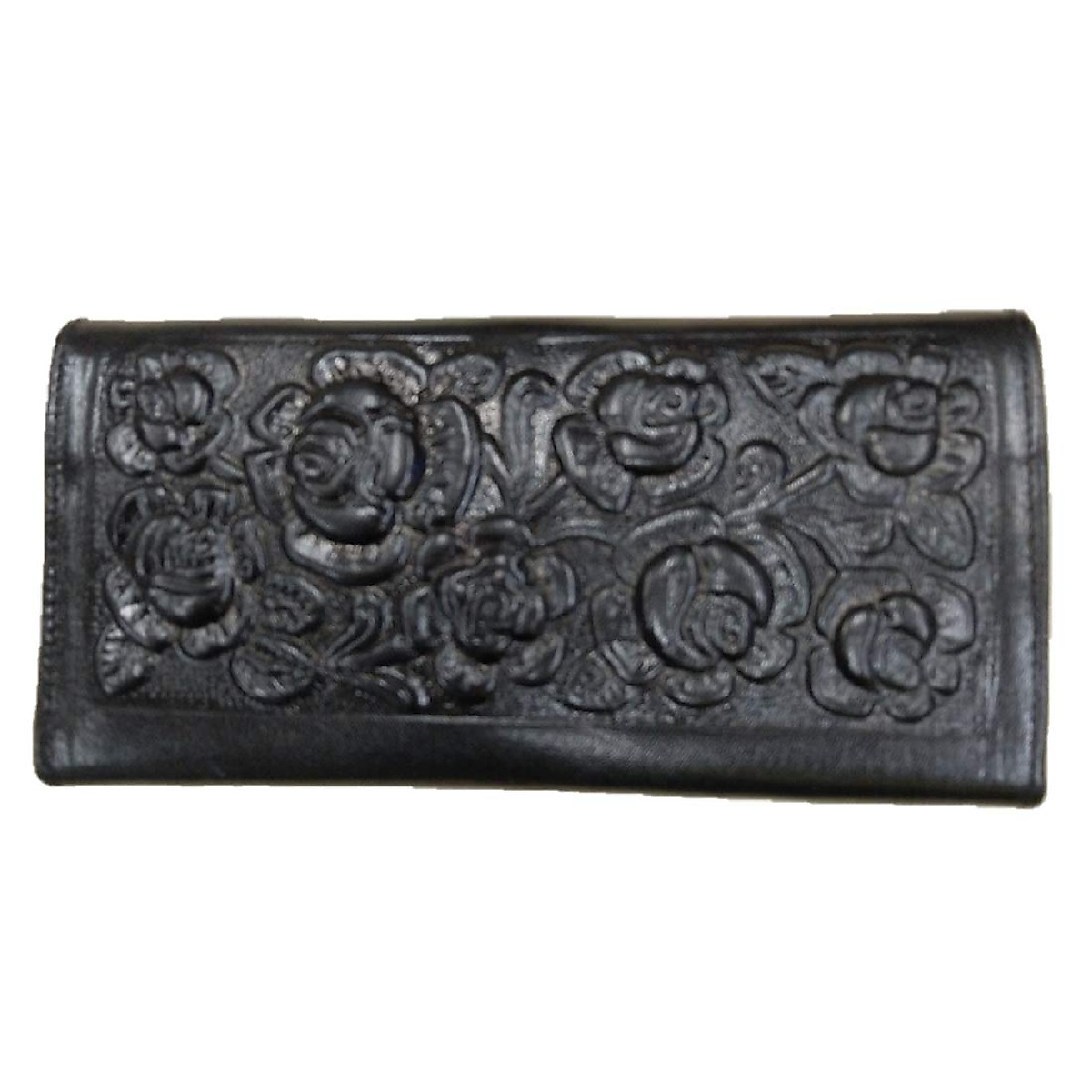 Sharpshooter Ladies Tooled Leather Western Blossoming Roses Trifold Wallet (BLACK)