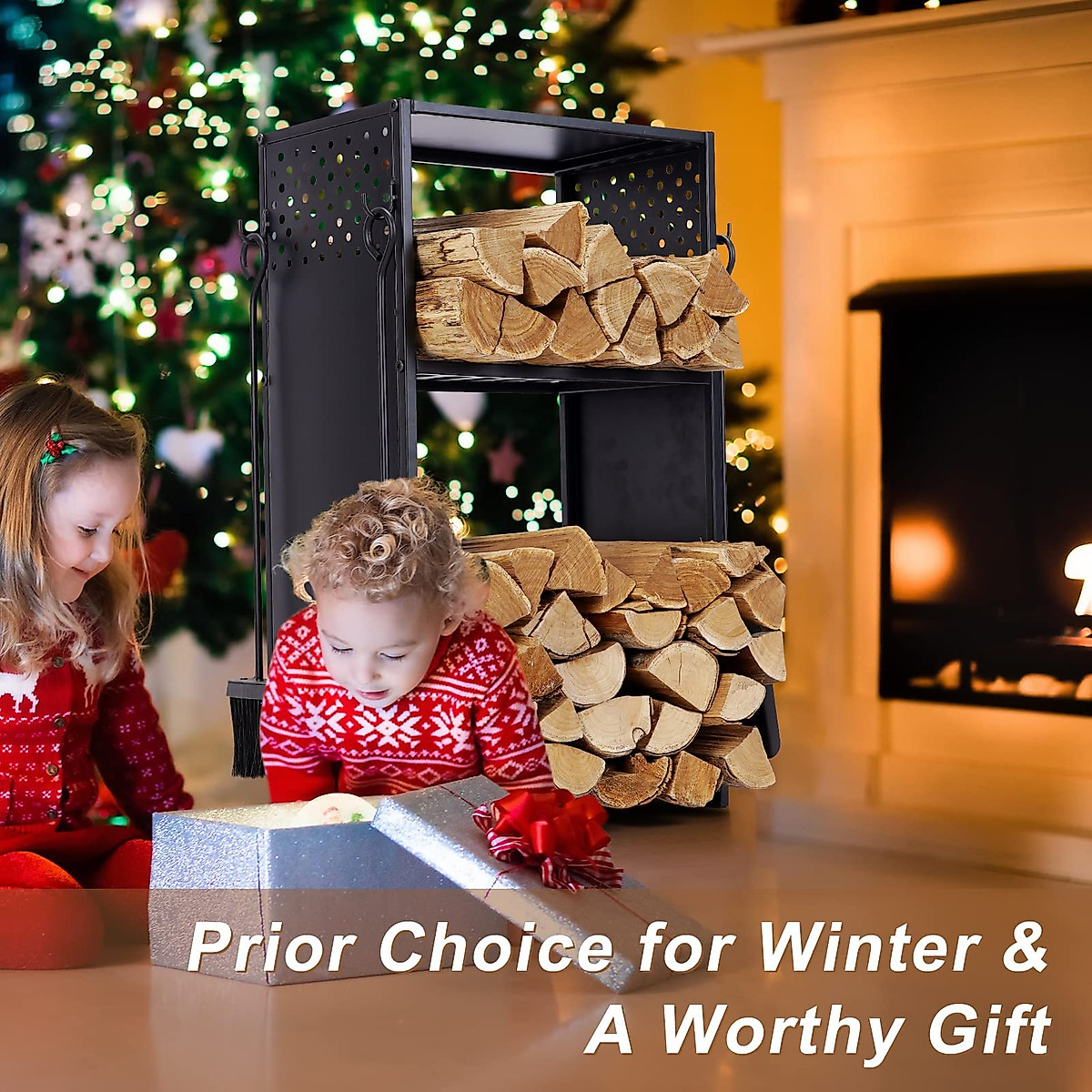 WILLOW WEAVE Firewood Rack Log Holder Wood Storage Rack 2 Layers Space-Saving Design with 4 Pieces Basic Heavy Duty Tools Easy to Put Together Great Use for Indoor Fireplace and Outdoor Firepit