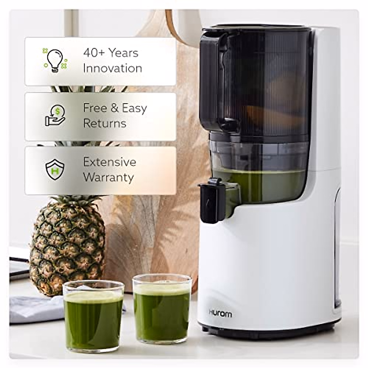 Hurom H-200 Easy Clean Electronic Juicer Machine (Silver) - Self Feeding Slow Juicer w Big Mouth Hopper to Fit Whole Fruits & Vegetables - Healthy Living - Rinse Clean No Scrub BPA Free Easy Assembly