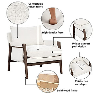 FIQHOME Mid Century Modern, Velvet Upholstered Accent Rubber Wood Frame,Comfy Reading Chair for Bedroom,Single Armchair for Living Room Office Apartment,White