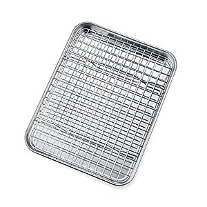 10.4 Inch Toaster Oven Pan with Rack Set, P&P CHEF Stainless Steel Small Baking Pan Tray and Grid Cooling Rack for Cooking/Roasting, A Pan and A Rack, Dishwasher Safe & Easy to Clean & Non-toxic