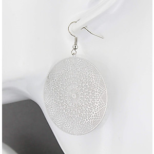Silver filigree round disc earrings medallion 1 5/8 inches wide very lightweight circle cut out lace pattern