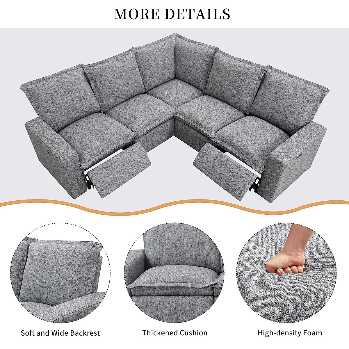 LyuHome 89.76" Power Recliner Sofa,Modern Sectional Sofa with USB Port for Living Room, Convertible L-Shaped Couch Bedroom, Theater room, Grey