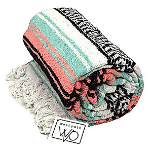 Open Road Goods Teal and Coral Mexican Blanket - Authentic Mexican Falsa Serape - Great Yoga Blanket, Beach Blanket, Picnic Blanket, or Mexican Style Home Throw! Handwoven (Mint and Peach)