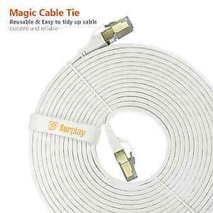 Surplay Cat8 Ethernet Cable 15FT-White-40Gbps-2000Mhz,High Speed Outdoor&Indoor Flat Cord,Gold-Plated RJ45 Double Shielded with Ground Wire & Cable-Tie for PS5/4,Xbox,TV,Router,PC,NAS