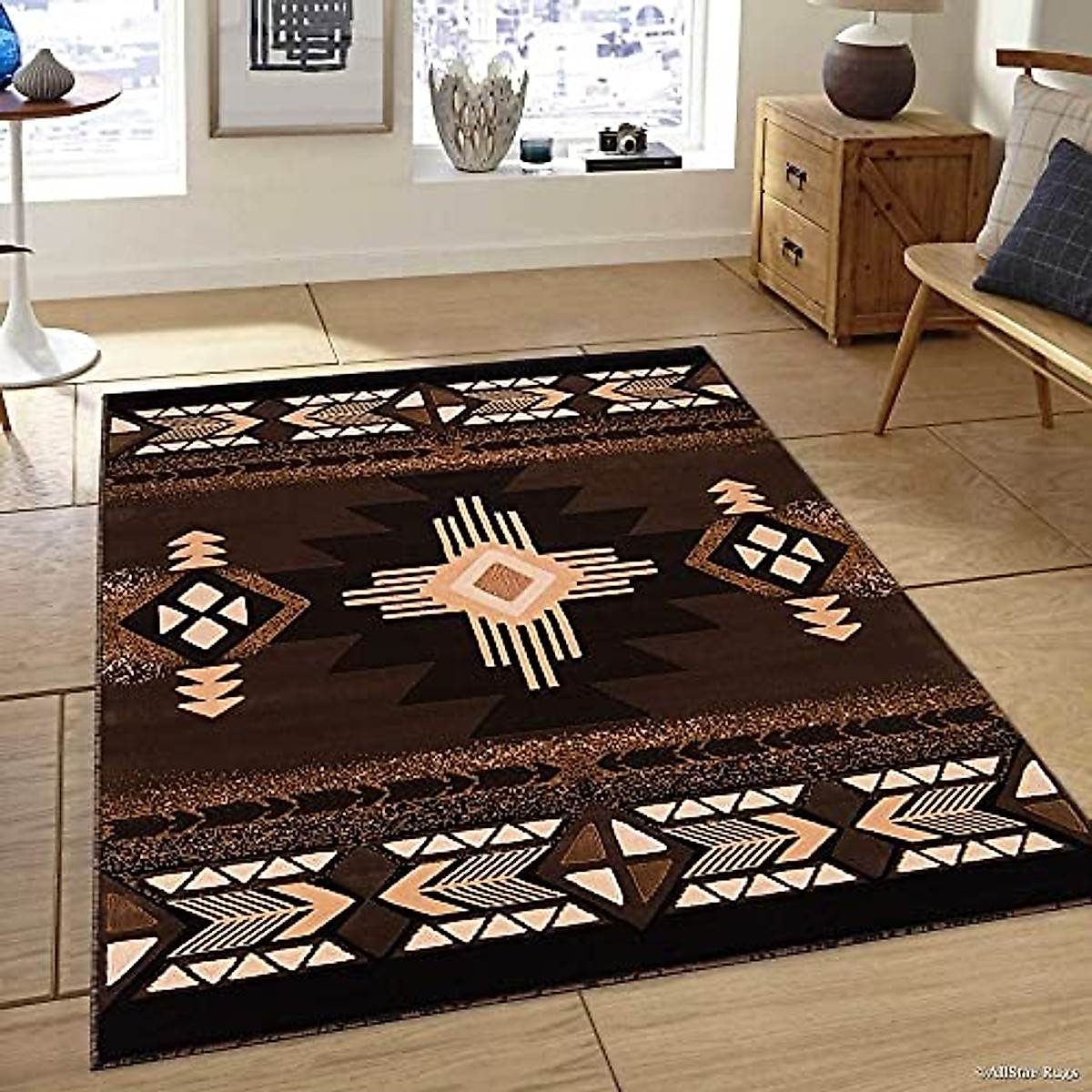Allstar 5x7 Black and Mocha Navajo Machine Carved Effect Rectangular Accent Rug with Ivory and Espresso Geometric Design (5' 2" x7' 1")