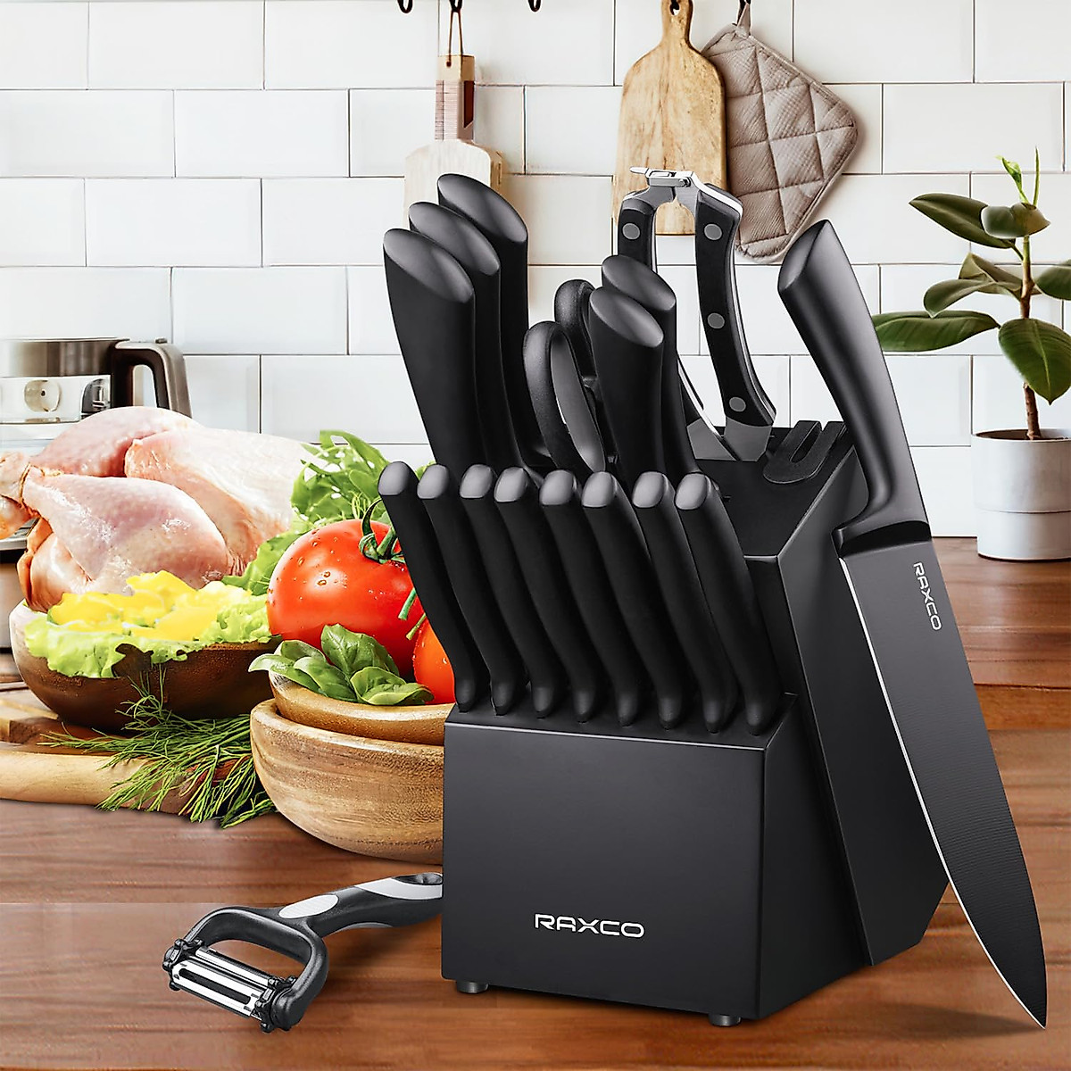 RAXCO Knife Block Set-Kitchen Knife Set,Knife Sets for Kitchen with Block & Sharpener,Black