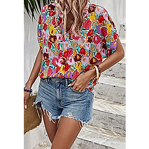 CCTOO Women's Blouses V Neck Short Sleeve Curved Hem Solid Chiffon Dressy Blouse Casual Shirts Tops 159 Color Floral Large