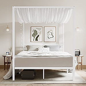 ikalido Full Size Metal Canopy Bed Frame, Modern Four-Poster Platform Bed Frame, Mattress Foundation with Wood Slat Support/Under-Bed Storage Space/No Box Spring Needed/White