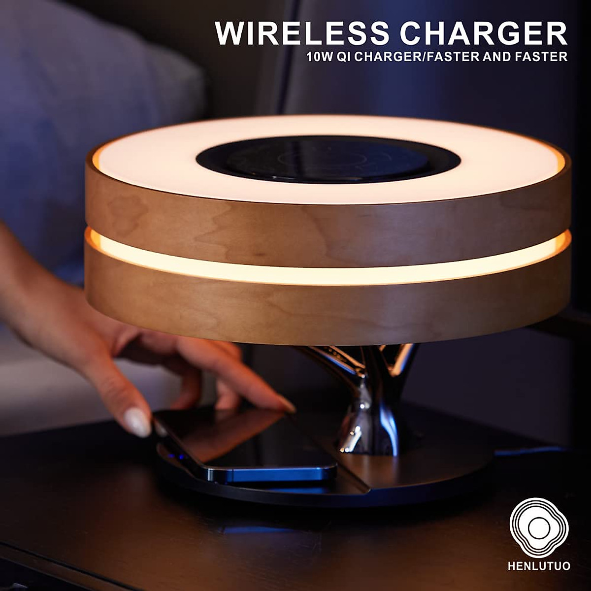 HENLUTUO Maple Log Table lamp with 10W Wireless Charge 2 * 5W Bluetooth Speaker bass LED Light Shade Sleep Mode Smart Touch Slide & Step-Less Dimming Original 3 in 1 Smart Lamp