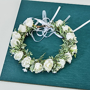 Funsveta Floral Headpiece Garland Halo Maternity Photo Shoot Flower Crown Eucalyptus Leave Headband Wedding Headpiece (Green Leaf and White)