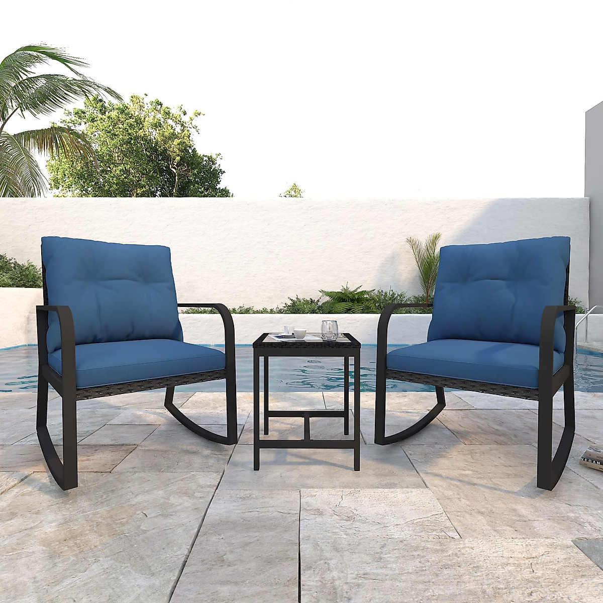 wallowsun 3 Pieces Outdoor Rocking Bistro Set,Patio Conversation Set w Thick Cushions and Glass-Top Table for Poolside Patio Garden(Blue)