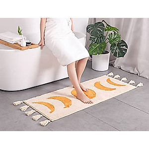 LABEND HOME Half Moon Bohemian Area Rugs, Moon Phases Bath Mat with Tassels for Bathroom, Bedroom, College, Dorm, Boho Room Décor, Beige Neutral Creamy Orange 20x60