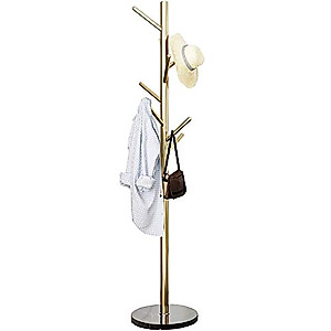Metal Coat Rack Stand Golden Satin Steel Finish Stable Marble Base, High-Grade with Hooks Metal Tree Hat & Coat Hanger Floor Free Standing Wall Bedroom Easy Assembly (Golden)