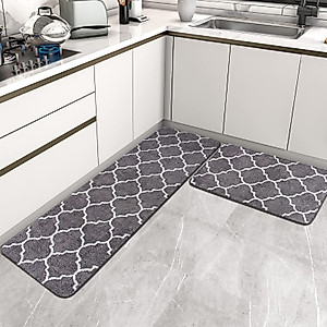 BAIRUI® 2 Piece Kitchen Rugs and Mats Non Skid Washable Kitchen Runner Carpet Set Moroccan Super Absorbent Soft Microfiber Kitchen Mat for Floor Bathroom Laundry Office (Gray, 48"X17"+24"X17")