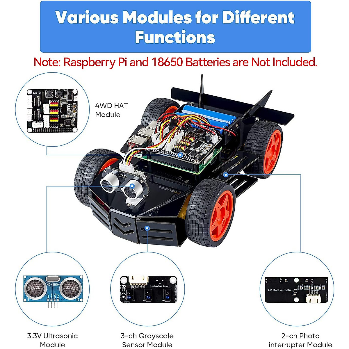 SunFounder Robot Car Kit for Raspberry Pi, 4WD HAT Module, Ultrasonic Sensor, Velocity Measurement Module etc. Electronic DIY Robot Kit for Teens and Adults, Raspberry Pi/TF Card/Battery not Included