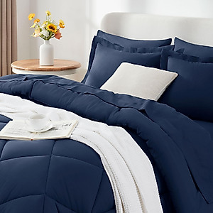 CozyLux Queen Comforter Set Navy Blue - Bed in a Bag Queen Size 7 Pieces, Luxury Soft Bed Set for All Seasons, Bedding Set with Down Alternative Comforter, Sheets, Pillowcases & Shams