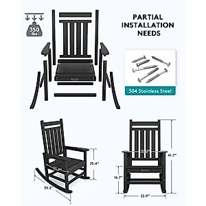 SERWALL Outdoor Rocking Chair Set of 2, HDPE Rocking Chairs for Adult, Black