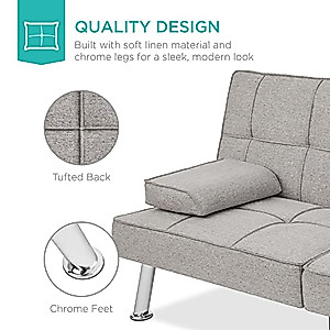 Best Choice Products Linen Upholstered Modern Convertible Folding Futon Sofa Bed for Compact Living Space, Apartment, Dorm, Bonus Room w/Removable Armrests, Metal Legs, 2 Cupholders - Light Gray