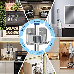 XCIXCI 4 Pack Stainless Steel Mop and Broom Gripper with Hook, Screw Drilling or Self Adhesive Mop and Broom Holder Wall Mount, Storage Rack for Closet Laundry Garage Garden Tool Organizer, Silver…