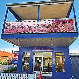 Large Happy Valentines Day Banner Outdoor Decorations 120" x 20" Valentine's Yard Sign Purple Flowers Cute Dogs Love Hill Holiday Party Supplies Valentine Backdrop Home Decor with Brass Grommets for Garden House Fence Garage Indoor Gifts Anniversary Weddi