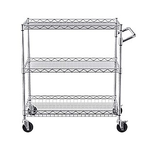 VEVOR Kitchen Utility Cart, 3 Tiers, Wire Rolling Cart with 661 LBS Capacity, Steel Service Cart on Wheels, Metal Storage Trolley with 80 mm Deep Basket Curved Handle 6 Hooks, NSF Listed