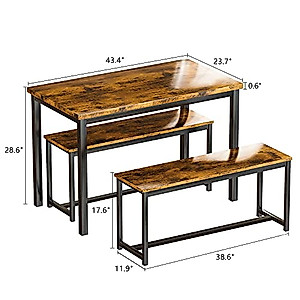 AWQM Dining Table Set with Two Benches, Kitchen Table Set for 4-6 Persons, Kitchen Table of 43.4 x 23.7 x 28.6 Inches, Bench of 38.6 x 11.9 x 17.6 Inches Each, Rustic Brown and Black