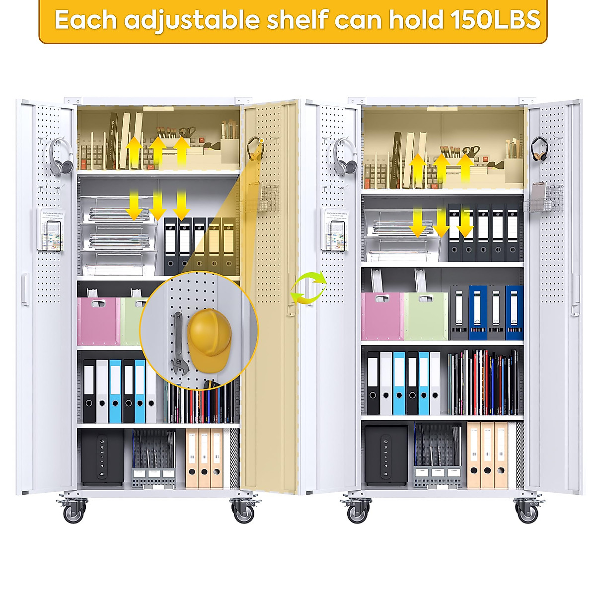 Aobabo 72" H Lockable Storage Cabinet on Wheels with 4 Shelves, Office Furniture Metal Storage Organizer with Wheels for Garage, Assembly Required, White