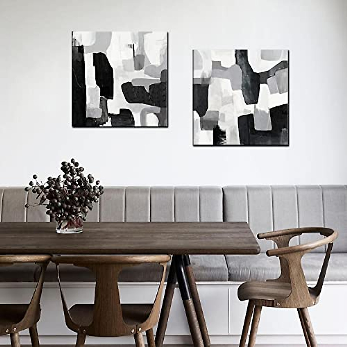Pigort Black and White Abstract Hand-Painted Wall Art Decor - 2 Piece Set, Grey Decorative Framed Black & White Abstract Canvas Art for Living Room, Bedroom, Office Home Decor & Gift 24x24Inch