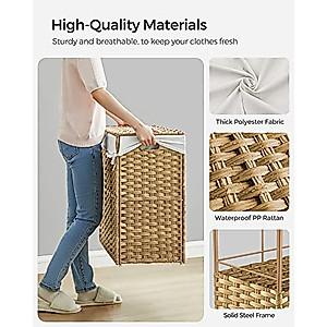 SONGMICS Laundry Hamper with Lid, 37 Gallon (140L), Rolling Laundry Basket with Wheels, 3-Section Synthetic Rattan Laundry Hamper, Removable Liner, Bedroom, 26x13x26 Inches, Natural ULCB363N01