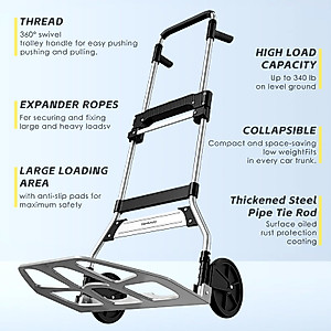 Teprovo Folding Hand Truck Dolly Cart,340LB Capacity Portable Aluminum Dolly Cart with Telescoping Handle and 7 Inch Rubber Wheels for Moving,Shopping,Travel,Office Use