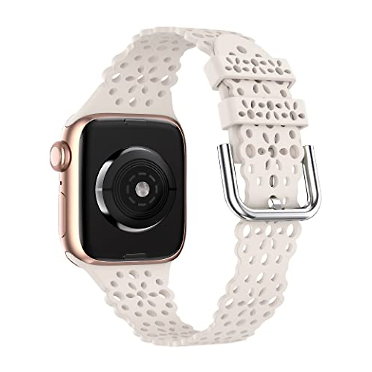 TOYOUTHS Compatible with Apple Watch Band Lace Women Flower Cut-outs Stretchy Silicone Breathable Waterproof Strap for iWatch Series 9/8/7(41mm), Series SE/6/5/4(40mm), Series 3/2/1(38mm), Starlight