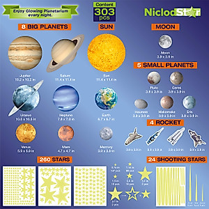 Glow in the Dark Stars and Planets for Ceiling – 303 Solar System Wall Stickers Room Decor, Outer Space Decals, Glowing 14 Planets 1 Moon 4 Rockets 24 Shooting Star 260 Stars Kids Boys Room Decoration