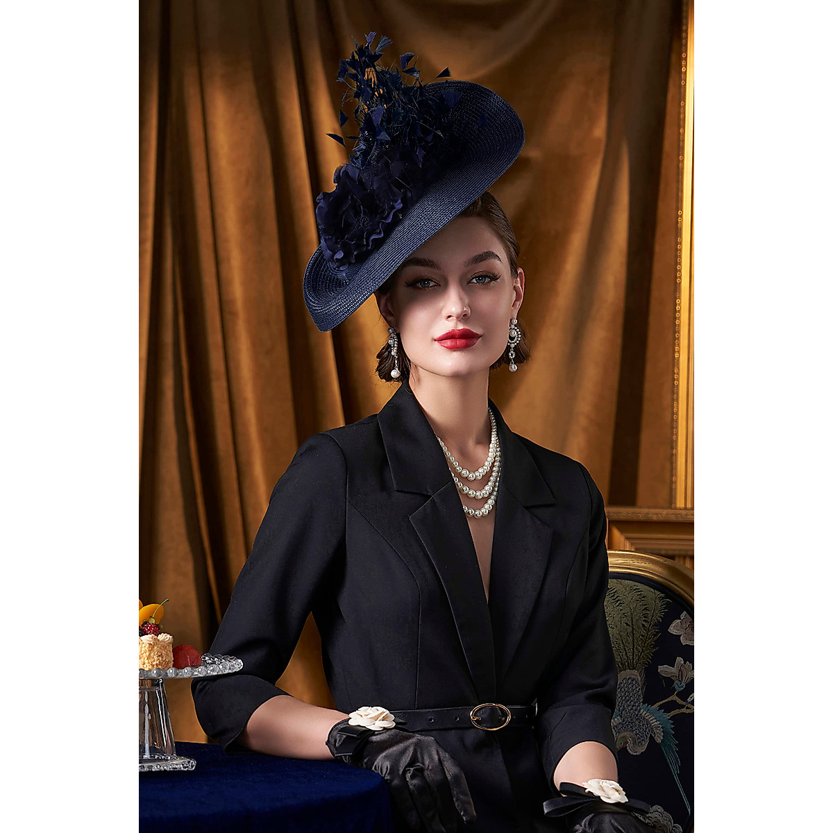 BABEYOND Tea Party Fascinator Hat for Women Kentucky Headwear Feather Derby Pillbox Wide Church Hat for Cocktail Wedding Navy Blue