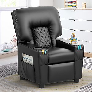 FURNIMAT Kids Recliner Chair, Leather Push Back Kids Reclining Chair with Cup Holders & Side Pockets, Safety Adjustable Footrest Toddler Recliner for Age 3+, Kid Recliners for Girls Boys, Black