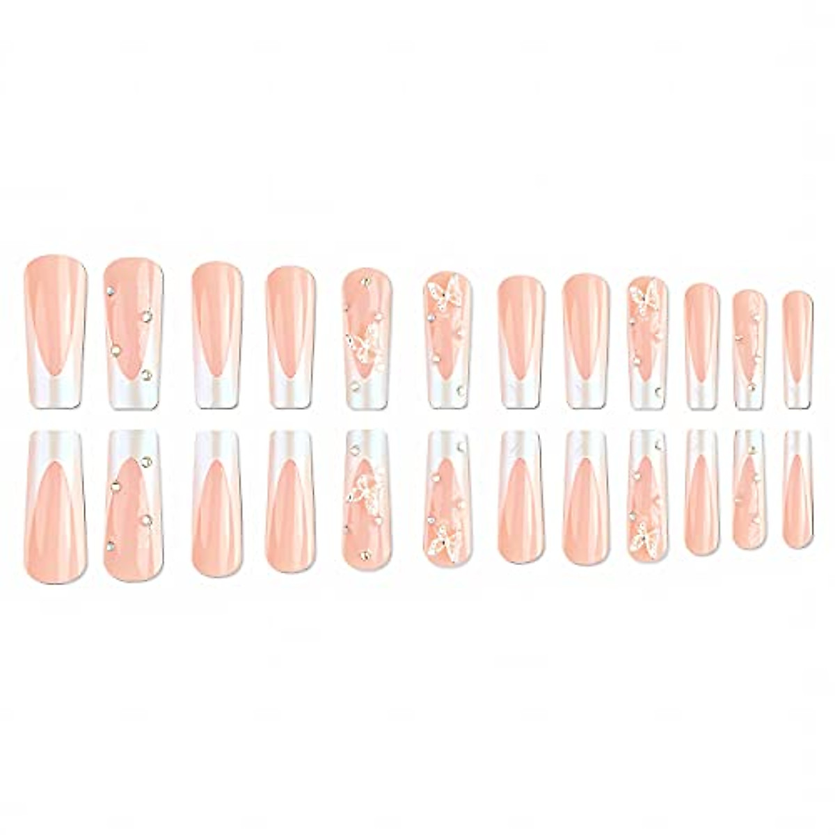 24pcs Long Square Fake Nails French Tip Press on Nails 3D Metal Butterfly Glue on Nails Glossy Rhinestone Acrylic Nails Pink White False Nails Long for Women Manicure Decorations