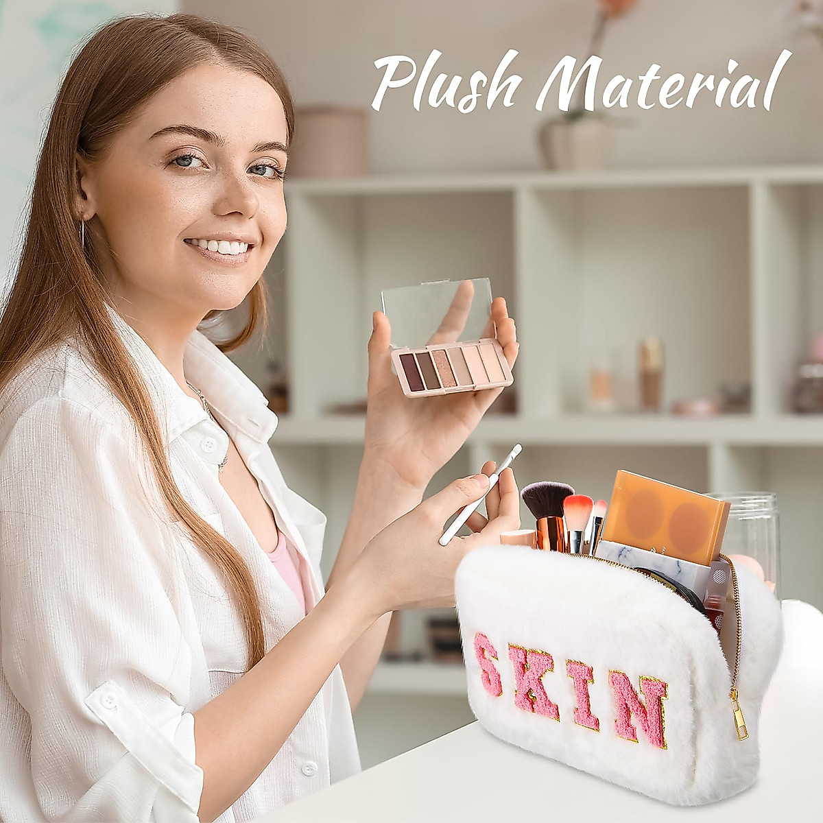 Chunful 2 Pcs Chenille Letter Makeup Bag Fluffy Cosmetics Bag with Zipper Large Preppy Patch Make up Bags Skin Stuff Bag Faux Fur Cosmetic Toiletry Bag for Women Gift(Pink, White)